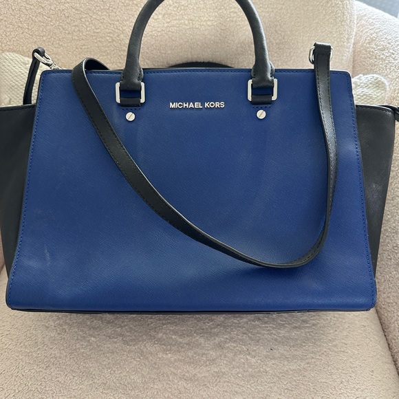 Michael Kors | Bags | Michael Kors Royal Blue And Black Leather Tote ...
